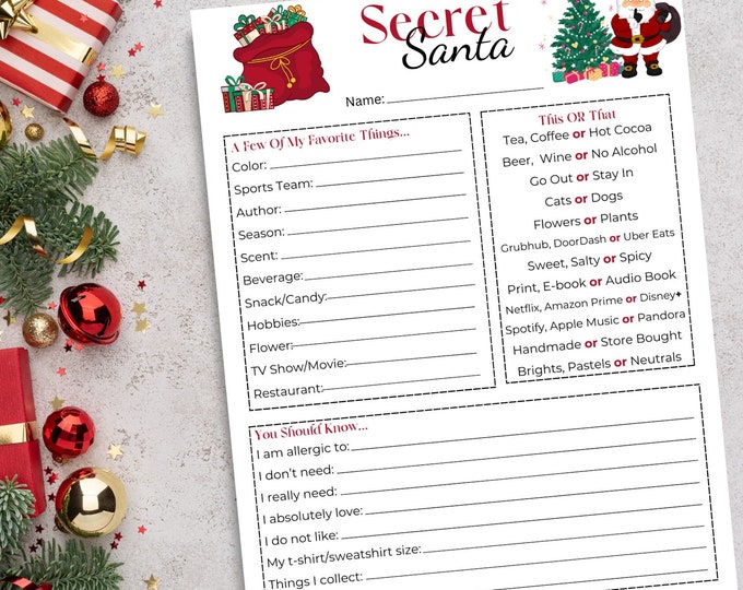 Secret Santa Questionnaire Printable, Secret Santa Questionnaire for ...