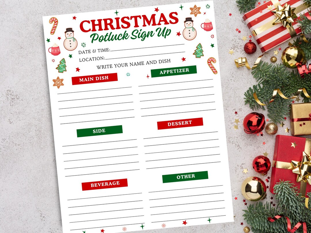 Christmas Potluck Sign up Sheet Printable for Work, Office Potluck Sign ...