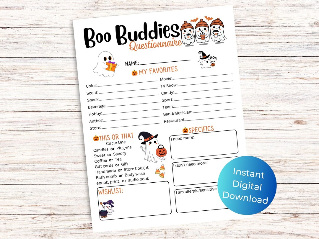 Boo Buddies Questionnaire, Halloween Boo Buddy Gift Exchange Game ...
