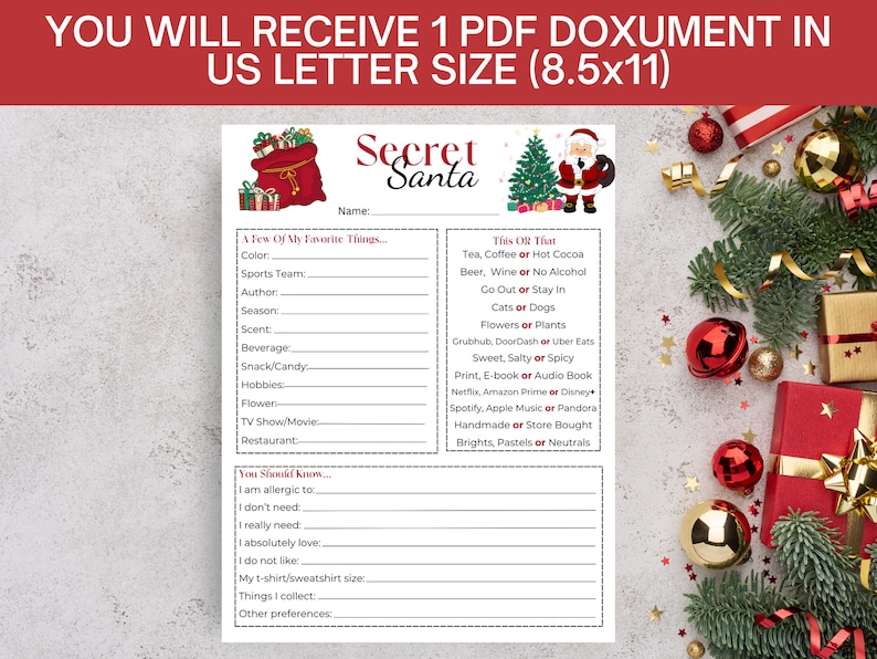 Secret Santa Questionnaire Printable, Secret Santa Questionnaire for ...