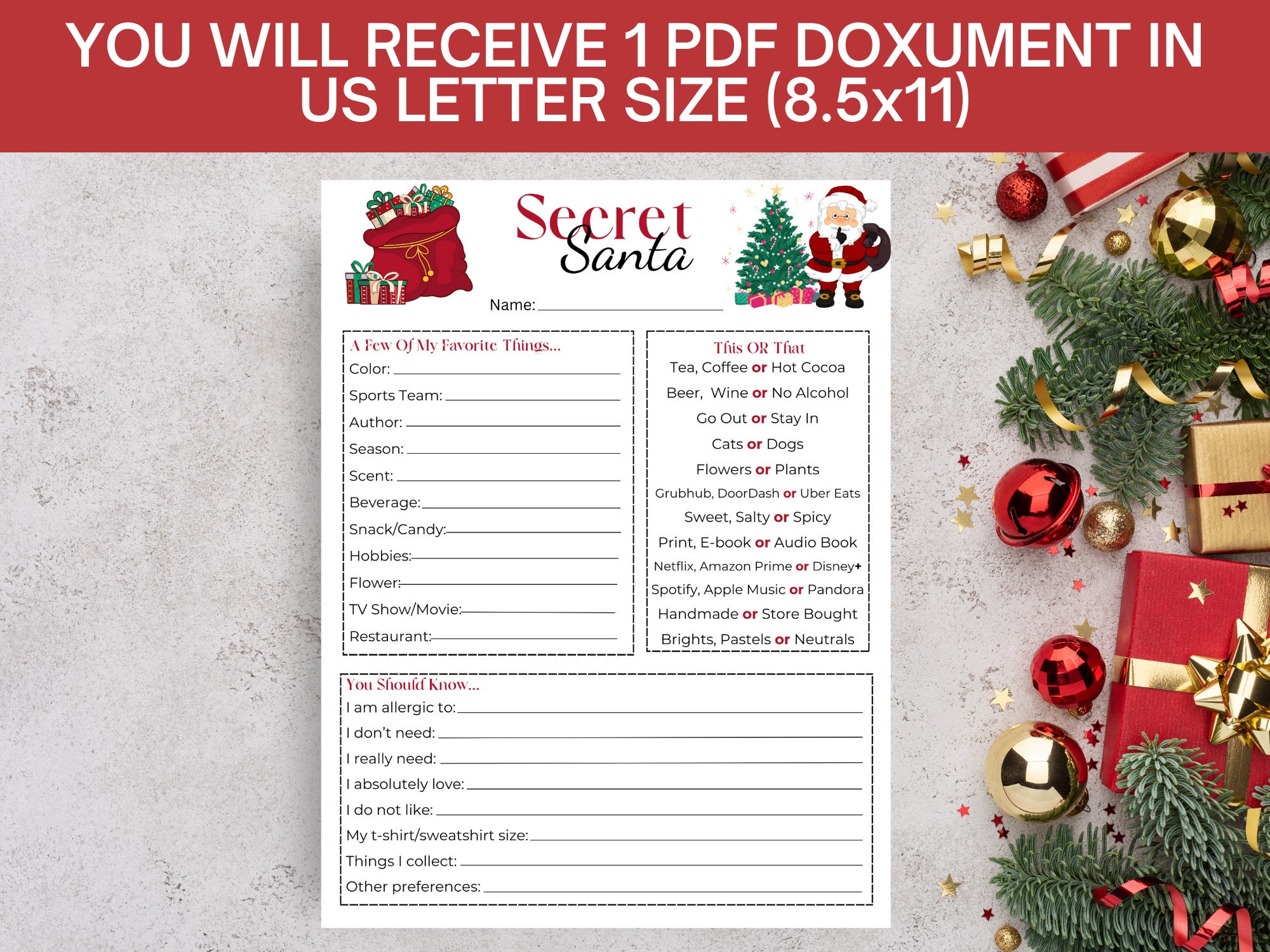 Secret Santa Questionnaire Printable, Secret Santa Questionnaire for ...
