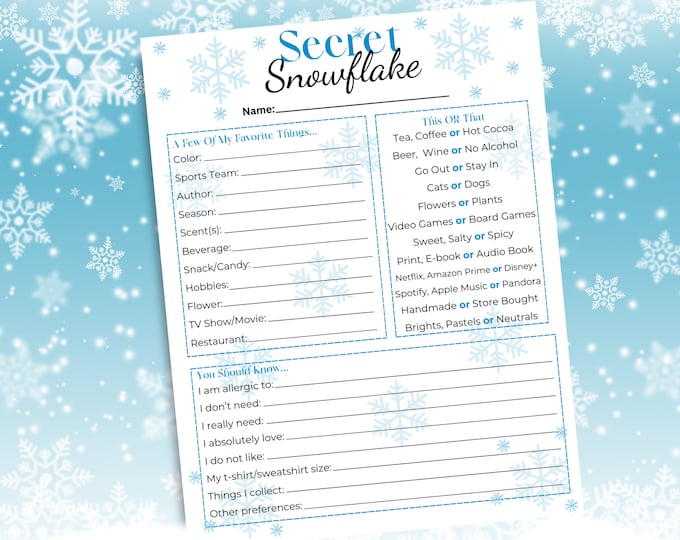 Secret Snowflake Questionnaire Printable, Holiday Gift Exchange Form ...