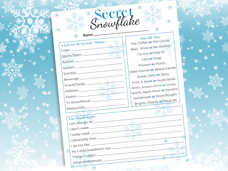 Secret Snowflake Questionnaire Printable, Holiday Gift Exchange Form ...