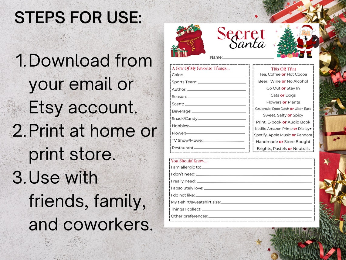 Secret Santa Questionnaire Printable, Secret Santa Questionnaire for ...
