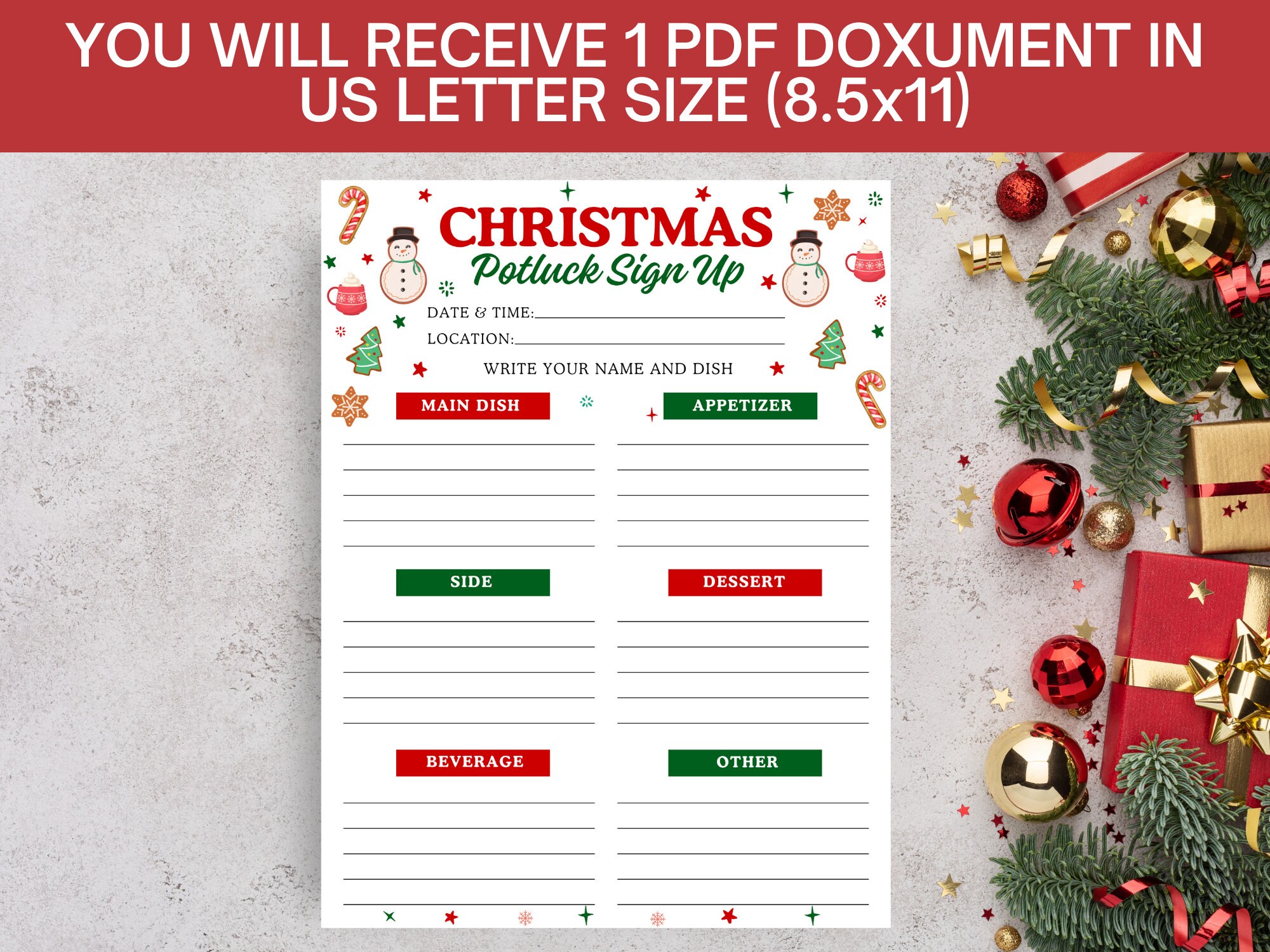 Christmas Potluck Sign up Sheet Printable for Work, Office Potluck Sign ...