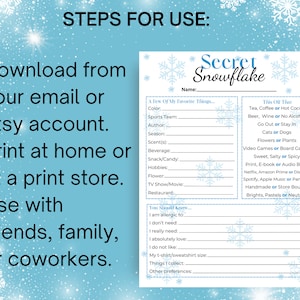 Secret Snowflake Questionnaire Printable, Holiday Gift Exchange Form ...