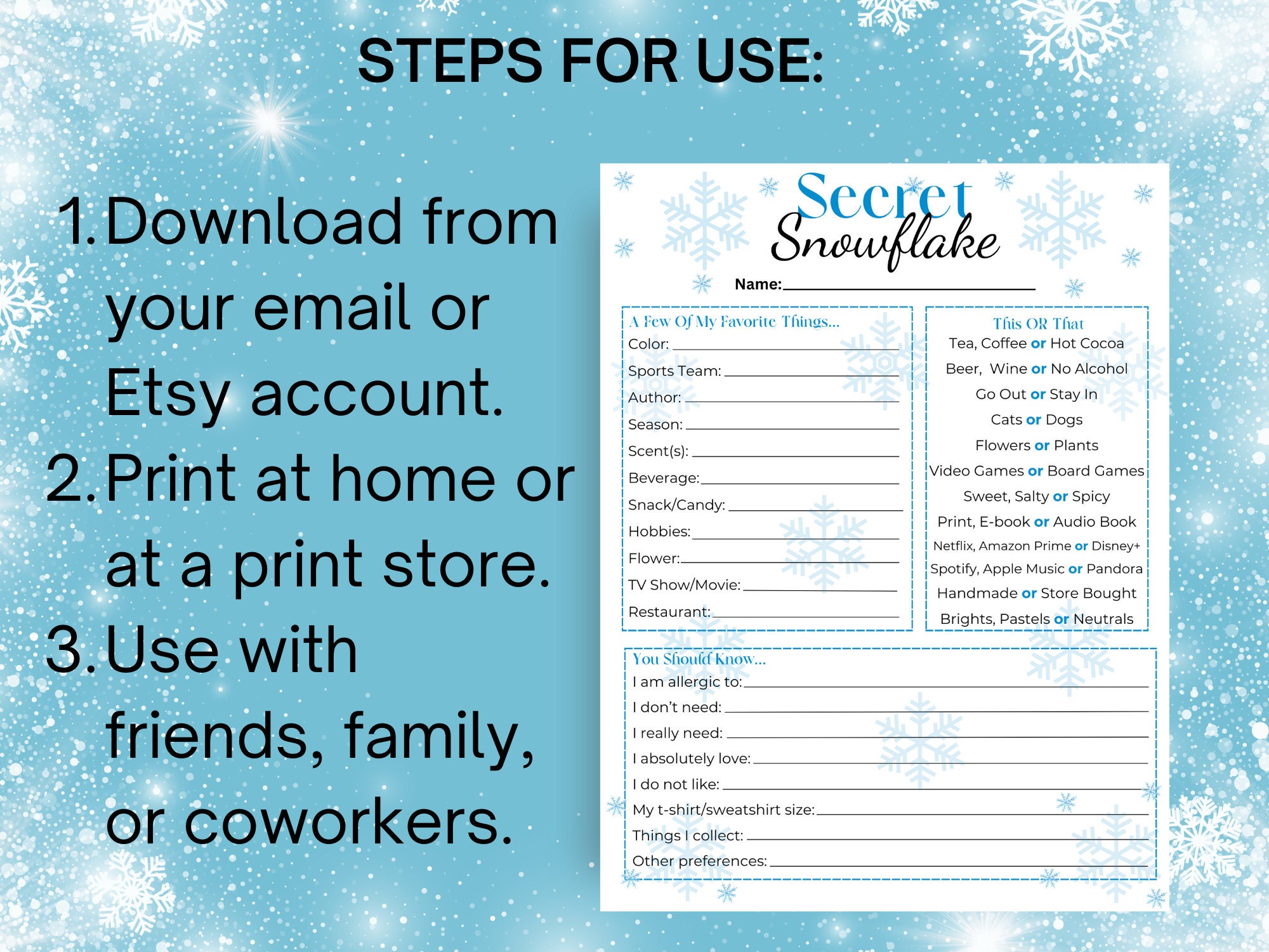 Secret Snowflake Questionnaire Printable, Holiday Gift Exchange Form ...