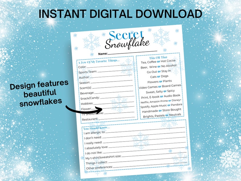 Secret Snowflake Questionnaire Printable, Holiday Gift Exchange Form ...