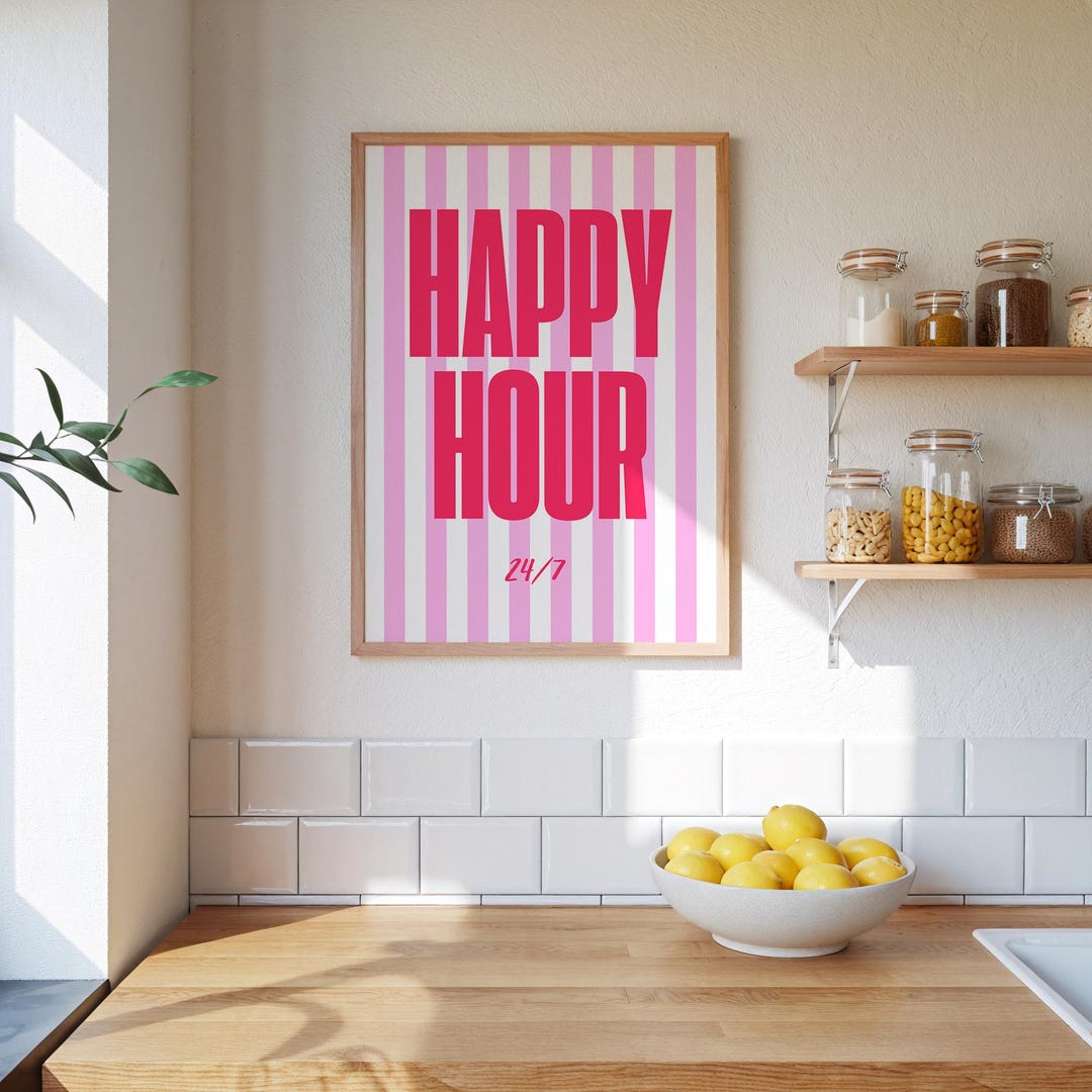 Pink Happy Hour Print, Digital Download, Bar Cart Wall Art, Bar Cart ...