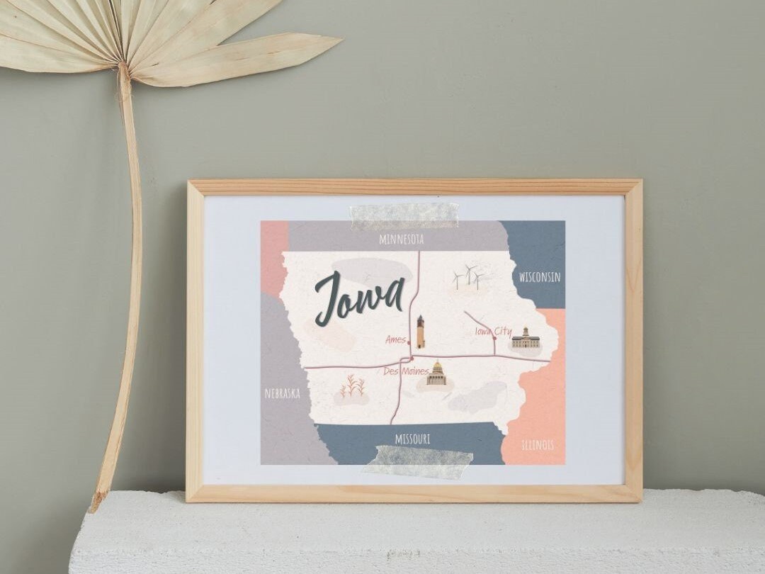 Iowa Map / Map of Iowa / Pink Iowa Map / Cute Iowa Map / Iowa Map Print ...