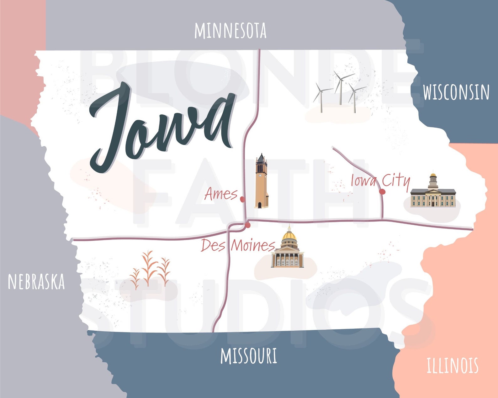 Iowa Map / Map of Iowa / Pink Iowa Map / Cute Iowa Map / Iowa Map Print ...