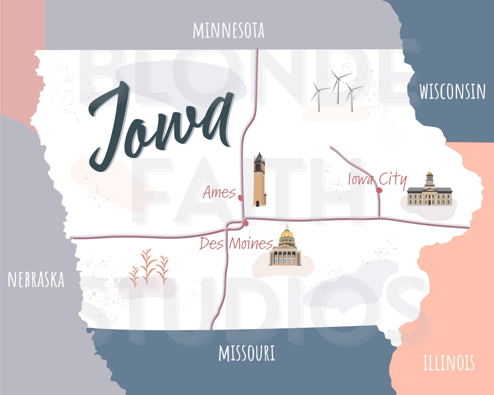 Iowa Map / Map of Iowa / Pink Iowa Map / Cute Iowa Map / Iowa Map Print ...