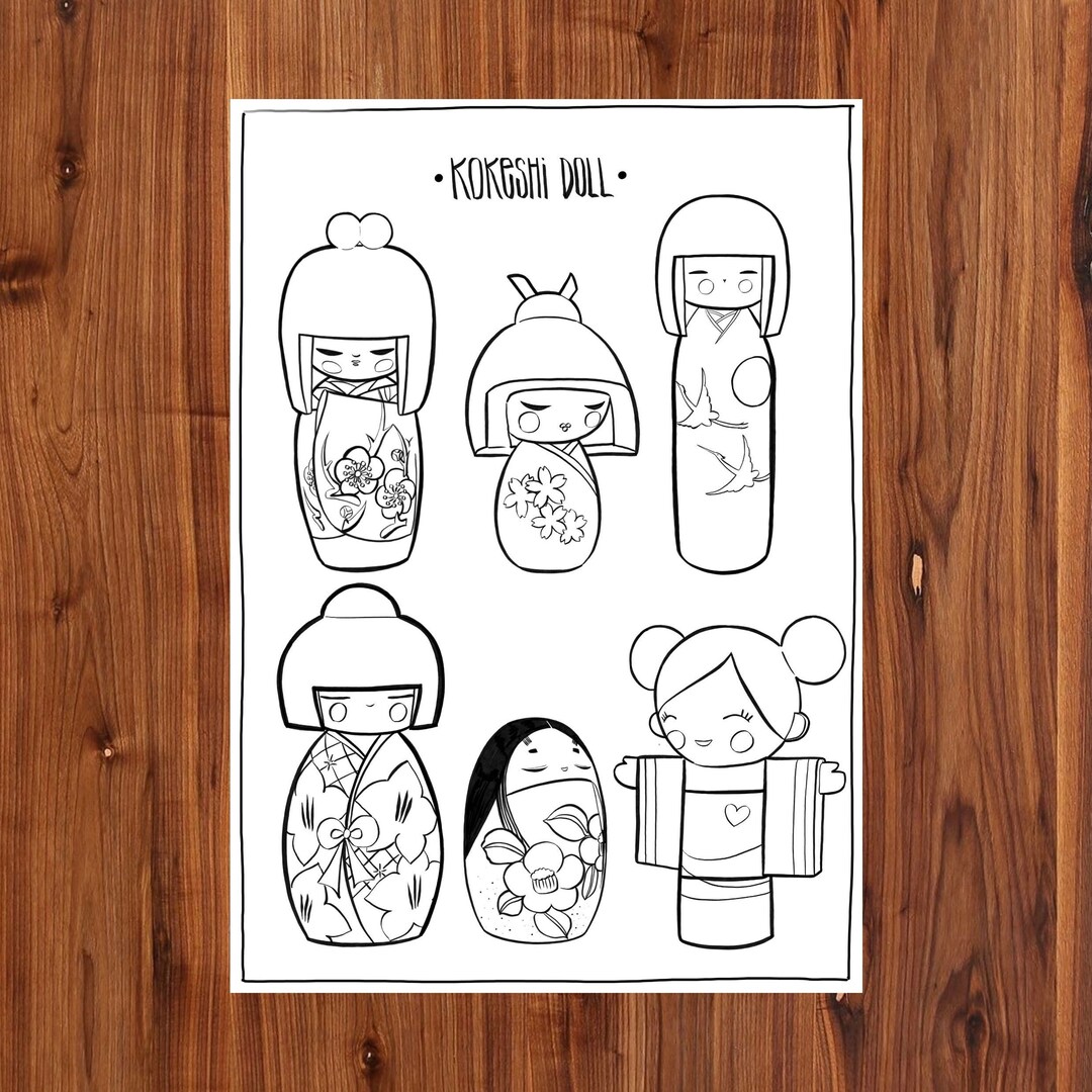 Japanese Kokeshi Dolls, Printable Coloring Sheet, Instant Download ...
