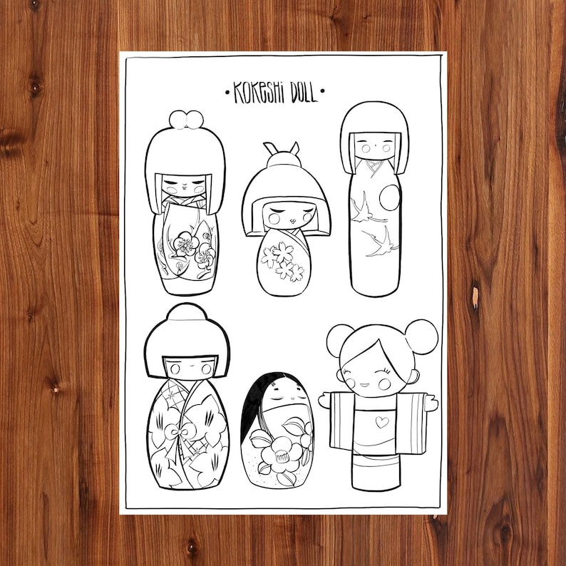 Japanese Kokeshi Dolls, Printable Coloring Sheet, Instant Download ...