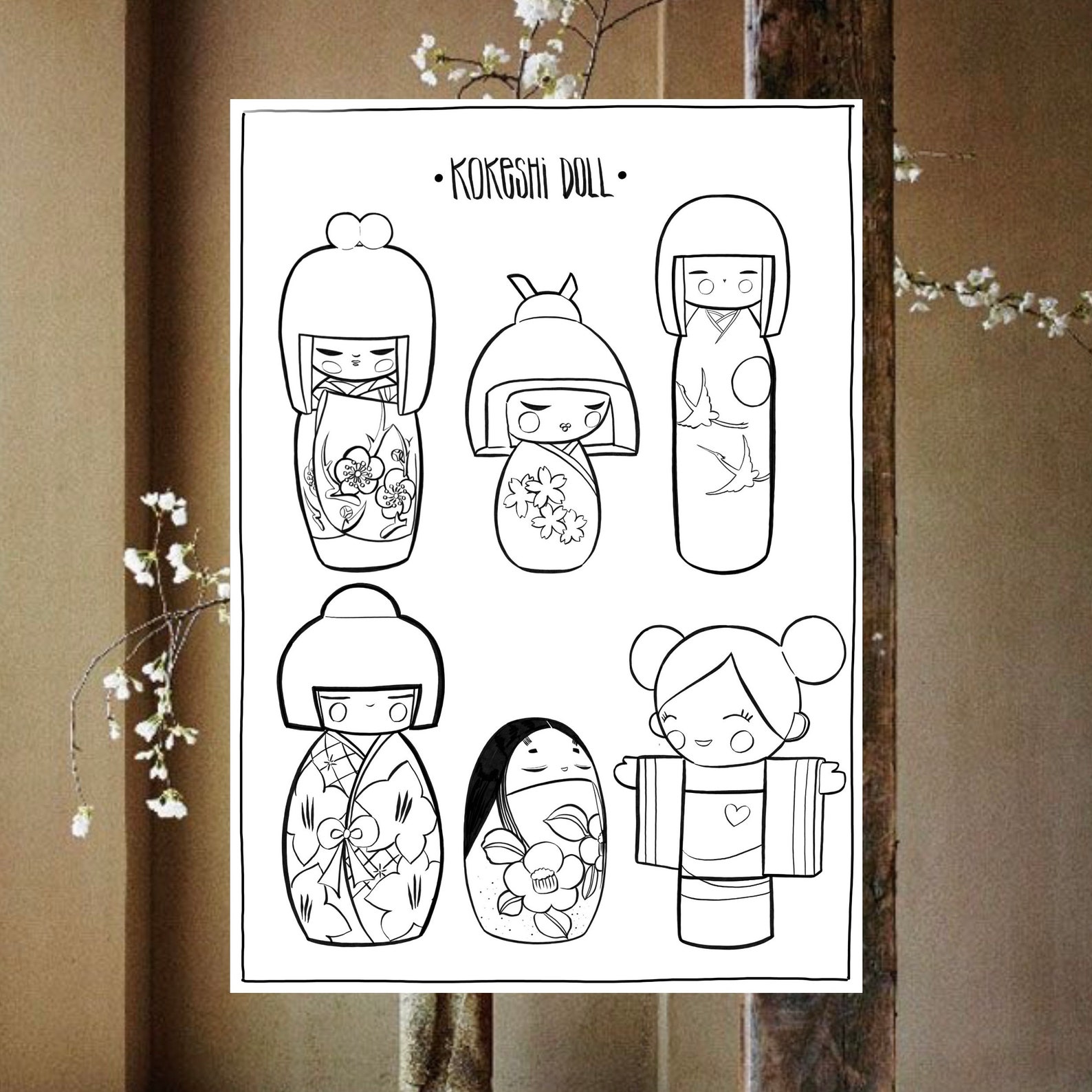 Japanese Kokeshi Dolls, Printable Coloring Sheet, Instant Download ...