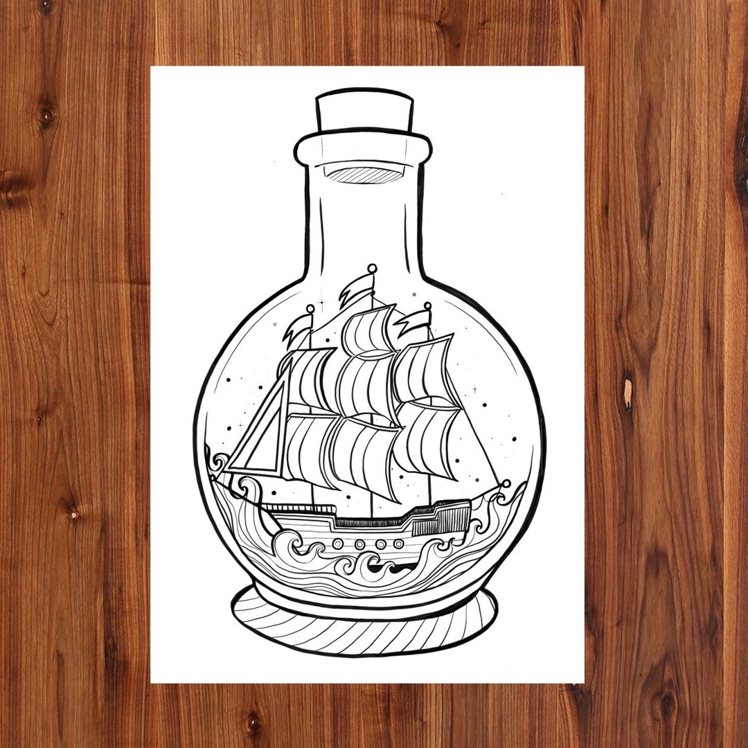 Ship in a Bottle, Printable Coloring Sheet, Instant Download, Children ...