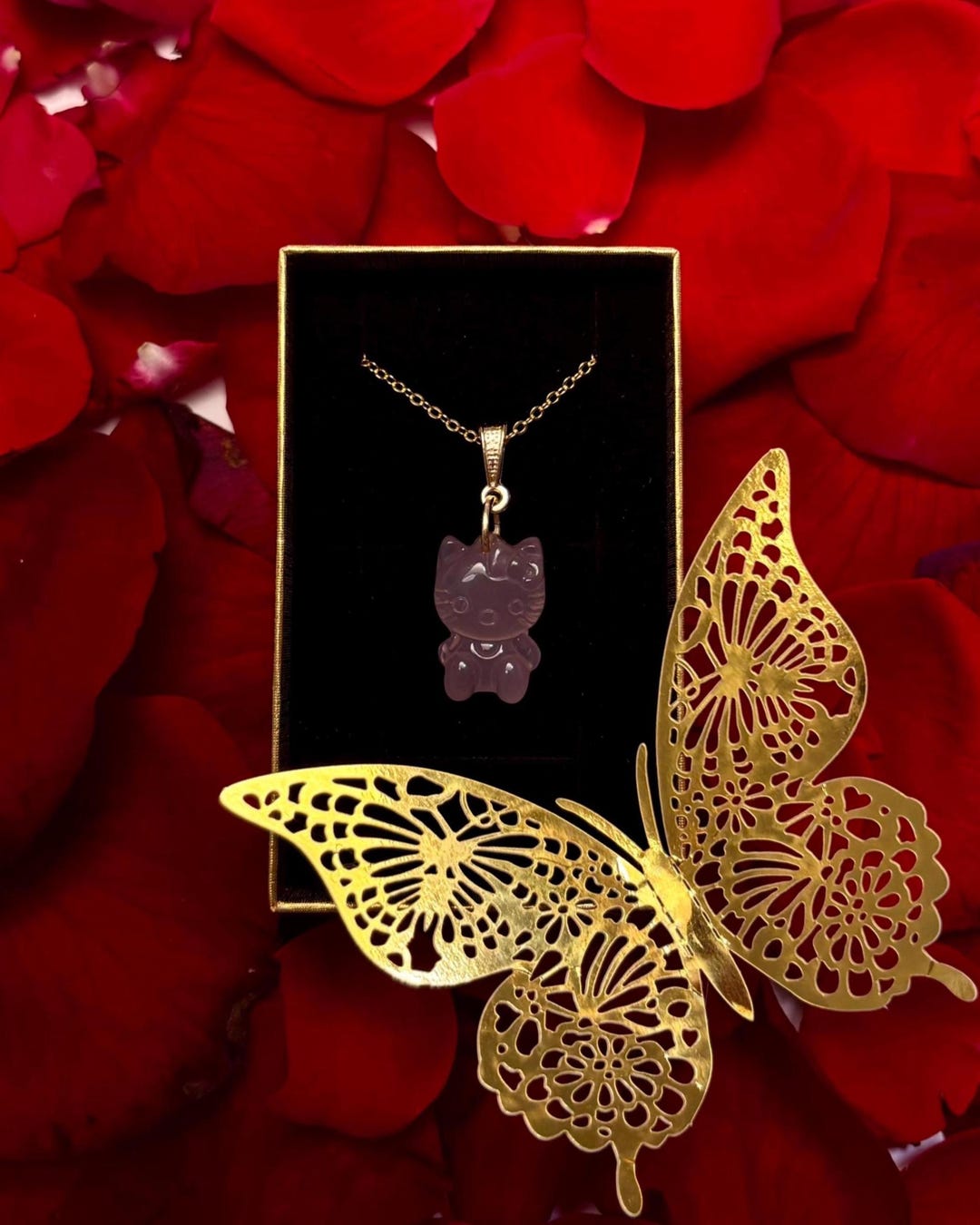 Hello Kitty Crystal Necklace Jade Pendant - 16K Gold Plated 18" Chain ...