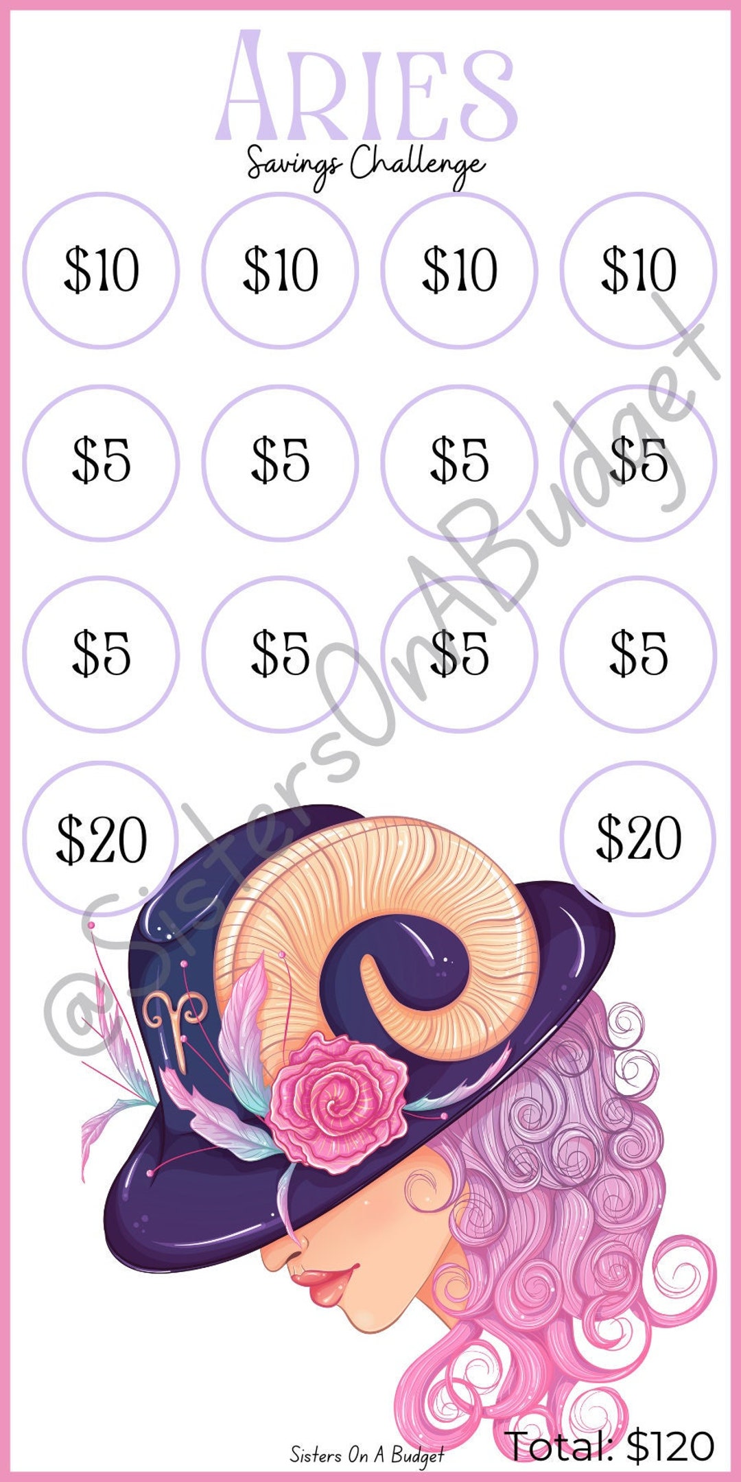 A7 Aries Zodiac Girl Savings Challenge |for A7 Cash Envelopes/binders ...