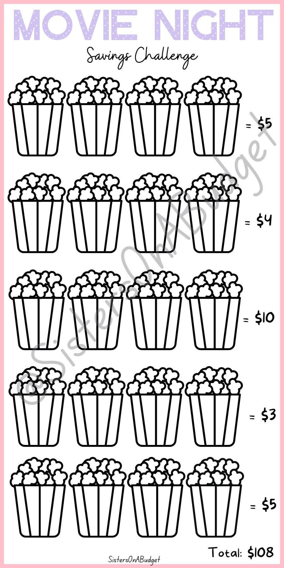 A6 Movie Night Savings Challenge |for A6 Cash Envelopes/binders ...