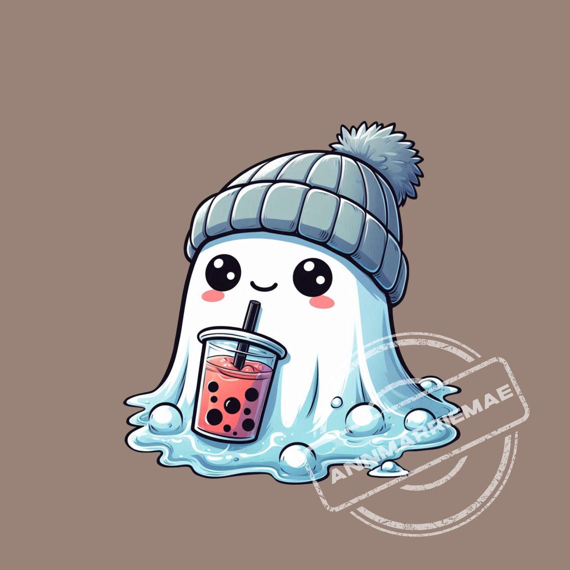 White Melting Ghost, Drinking Boba Milk Tea, Blue Beanie for Kids ...