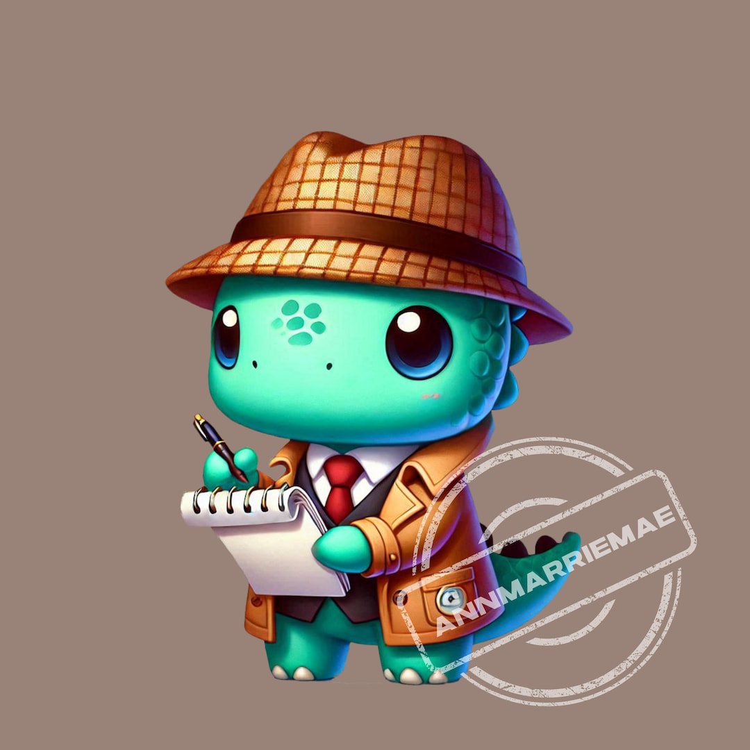 Detective Dinosaur PNG Clipart | Cute Green Dino in Trench Coat Holding ...