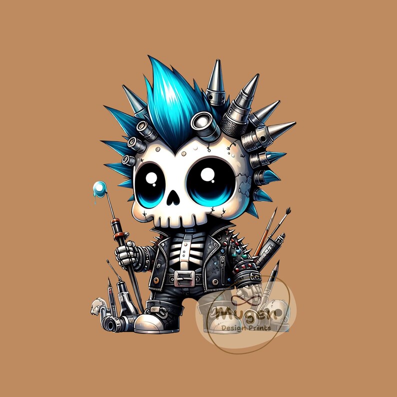 Punk Skeleton PNG Sublimation, Cute Blue Mohawk Skull Clipart, Goth ...