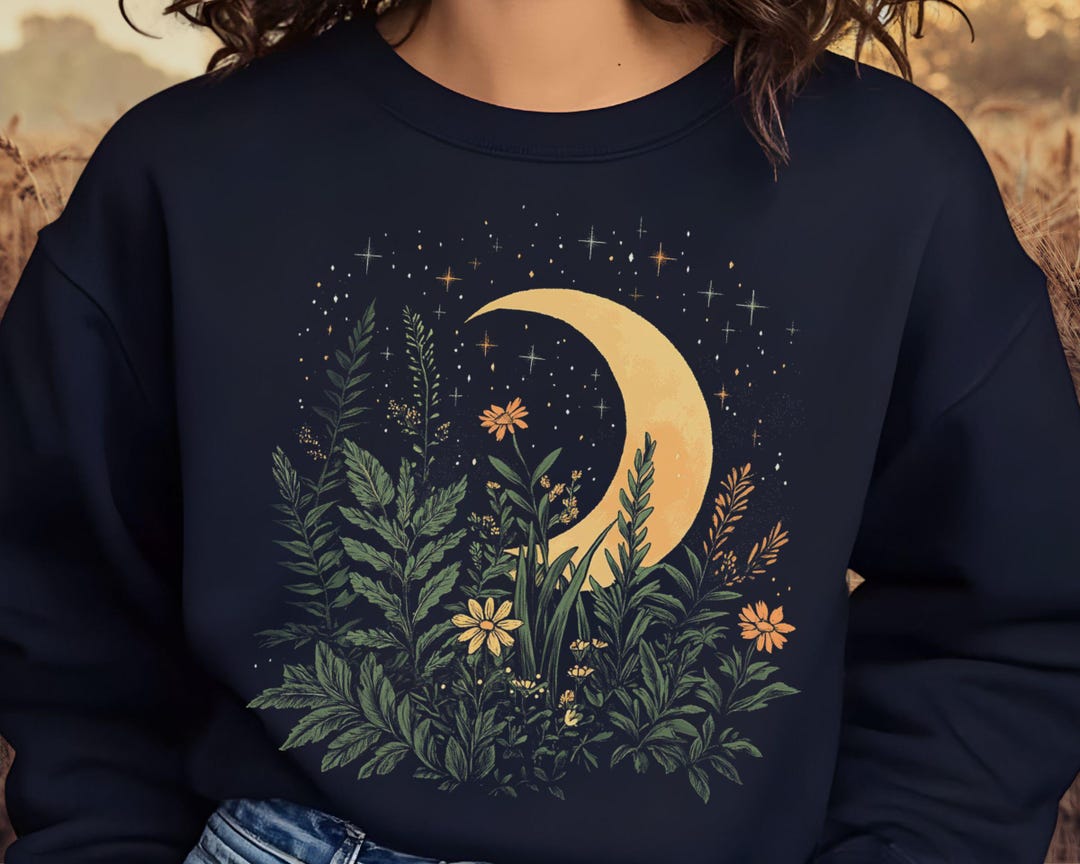 Crescent Moon and Stars With Wildflowers Sweatshirt, Dark Cottagecore ...