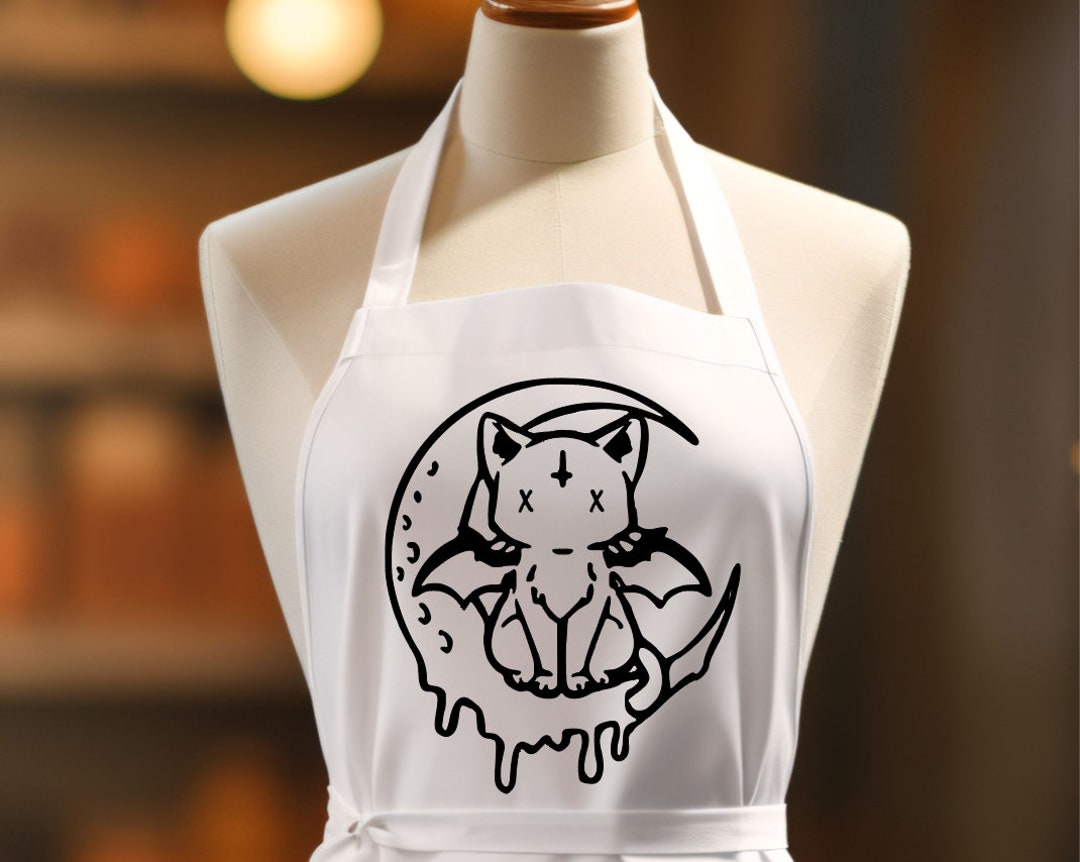 Bat Cat on Crescent Moon Apron, Witch Apron, Goth Apron, Halloween ...