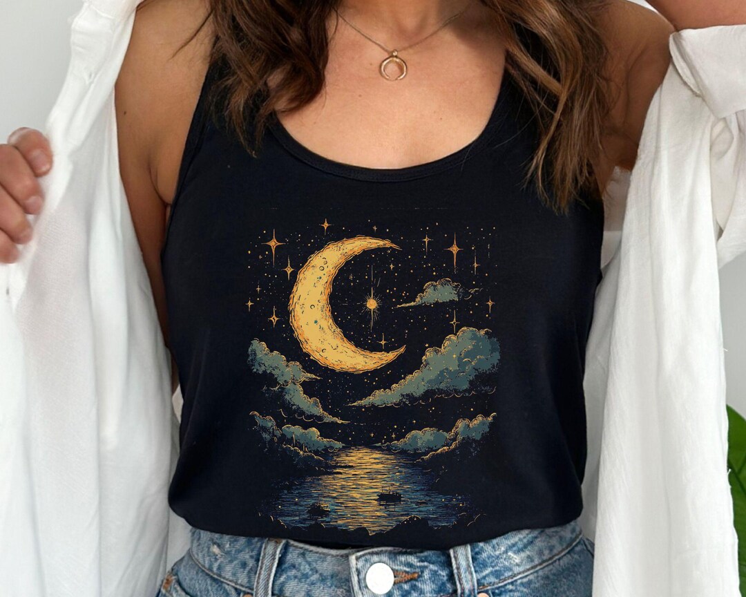 Crescent Moon and Stars Over Water With Boats Tank Top, Dark ...