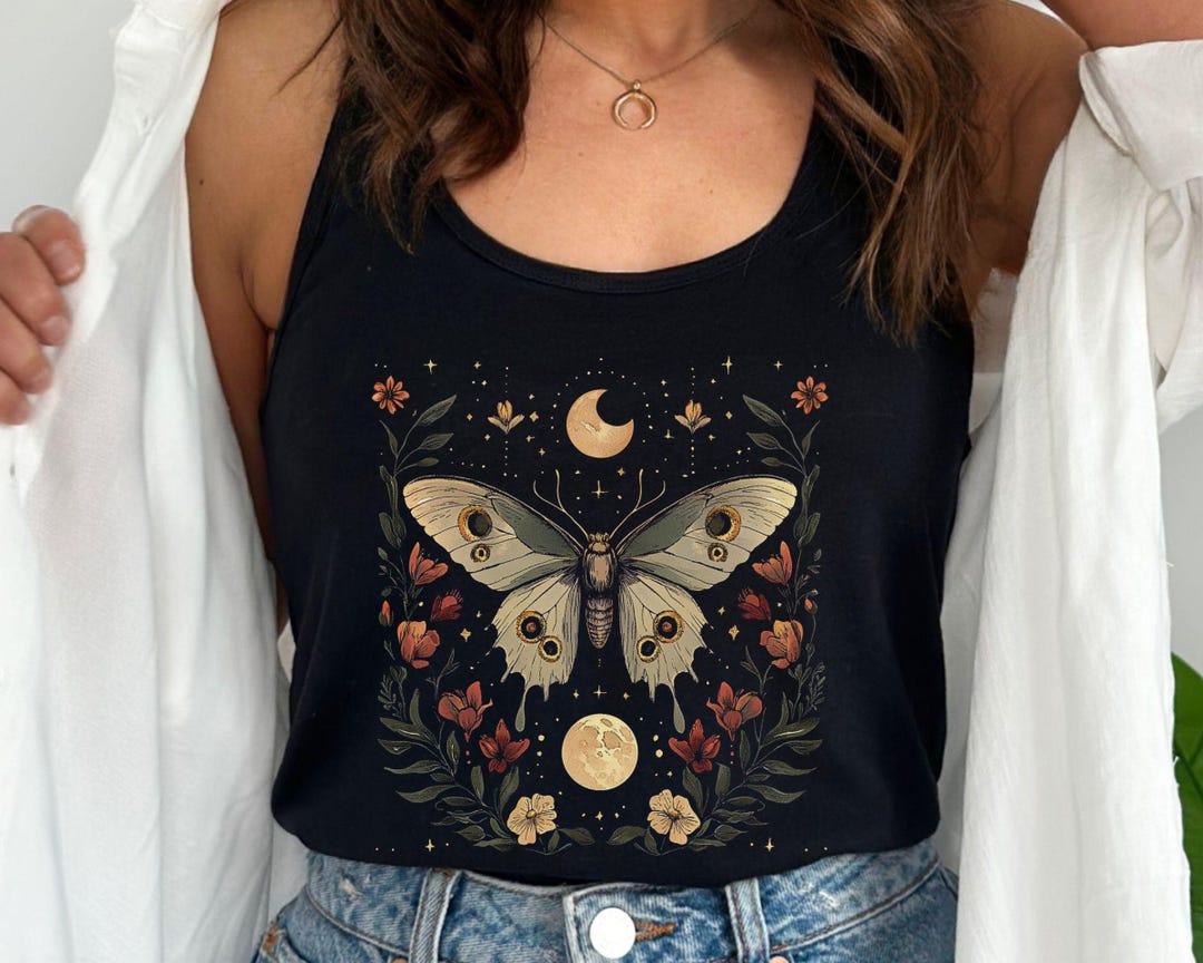 Moon Phases and Moth With Flowers Tank Top, Dark Cottagecore, Weirdcore ...