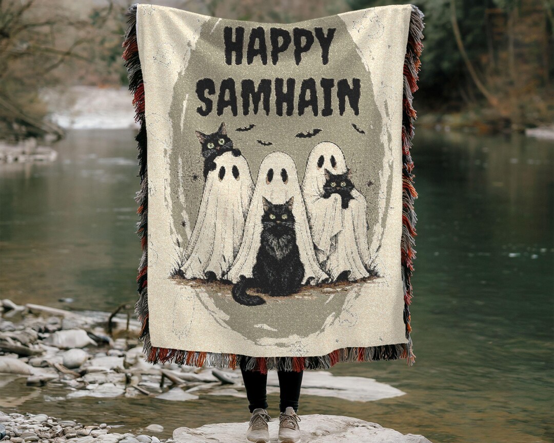 Happy Samhain Woven Blanket, Black Cat Witch Gift and Witch Decor ...