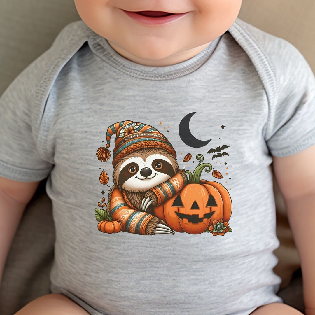 Baby Sloth With Crescent Moon and Bats Halloween Bodysuit, Spooky Baby ...