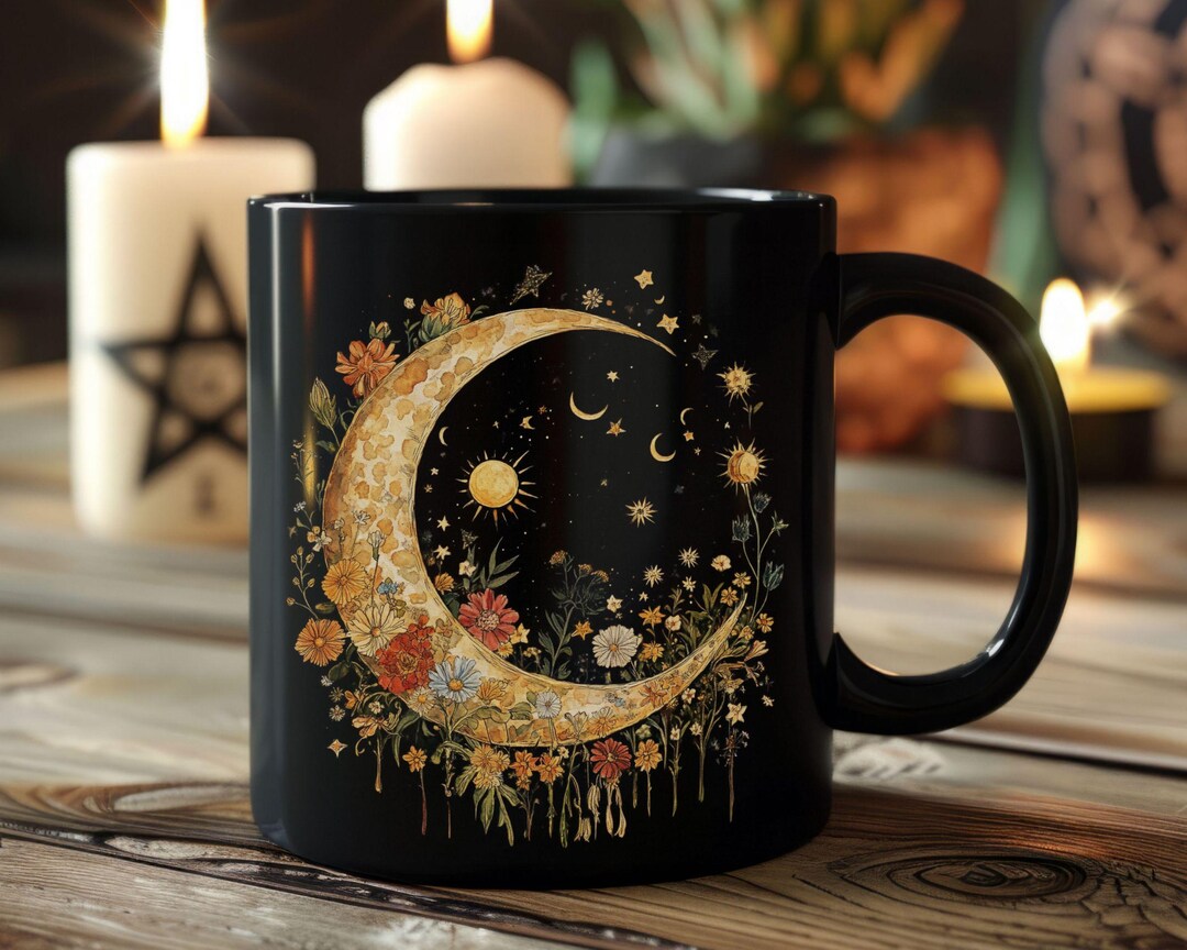 Vintage Sun Moon and Stars With Flowers Mug, Dark Cottagecore ...