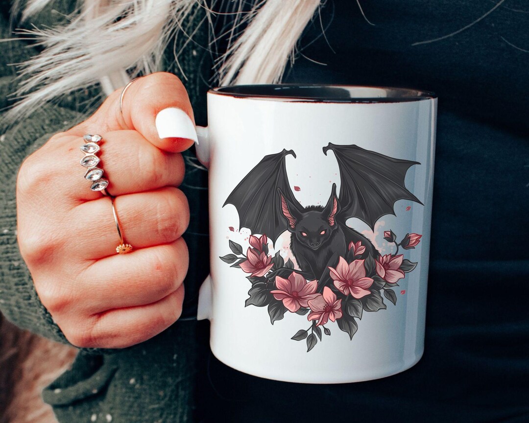 Vampire Bat With Pink Flowers Mug, Dark Cottagecore, Weirdcore and ...