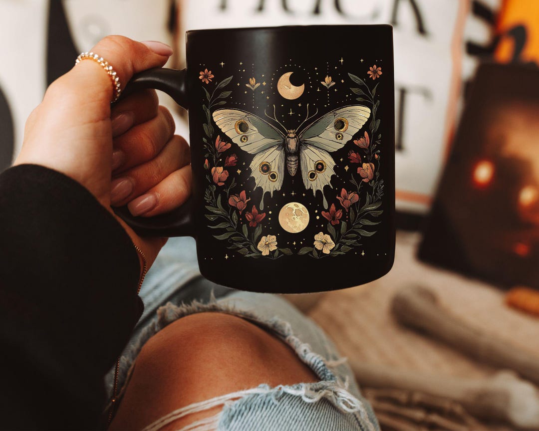 Moon Phases and Moth With Flowers Mug, Dark Cottagecore, Weirdcore and ...
