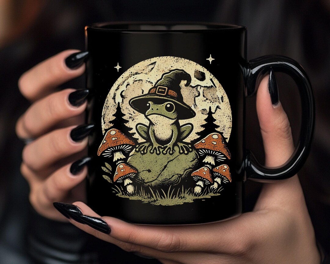 Vintage Witchy Frog With Mushrooms Full Moon Mug, Dark Cottagecore ...