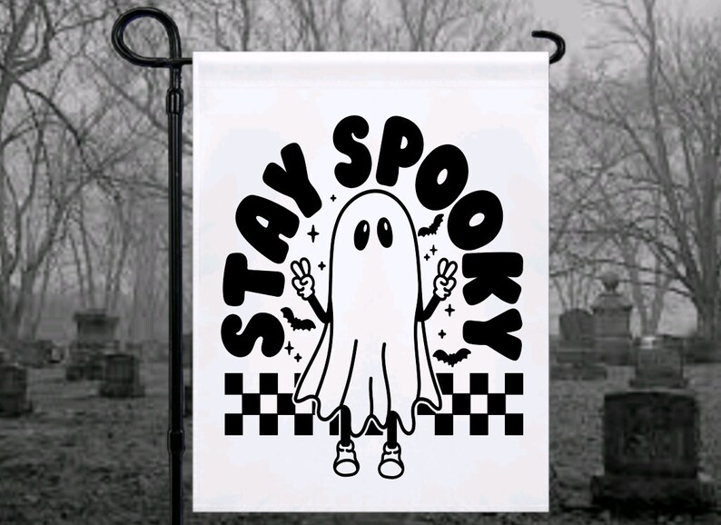 Stay Spooky Cute Retro Ghost Peace Sign Garden Flag, Halloween Yard Art ...