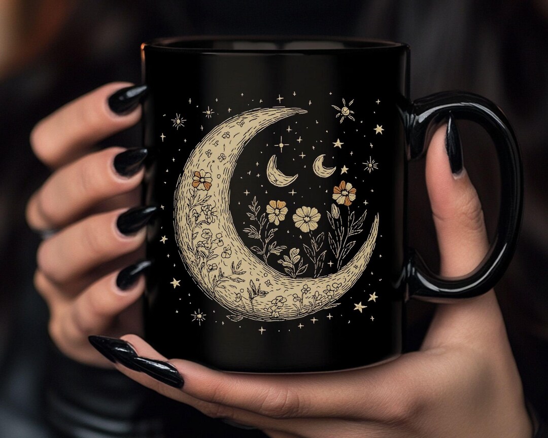 Crescent Moon With Wildflowers and Stars Mug, Dark Cottagecore ...