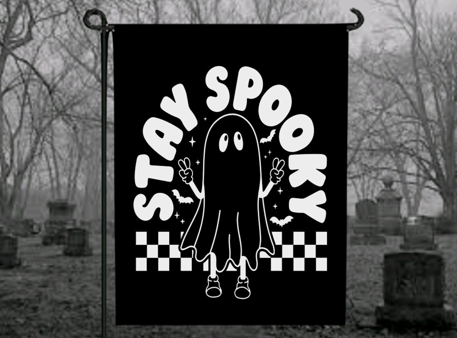 Stay Spooky Cute Retro Ghost Peace Sign Garden Flag, Halloween Yard Art ...