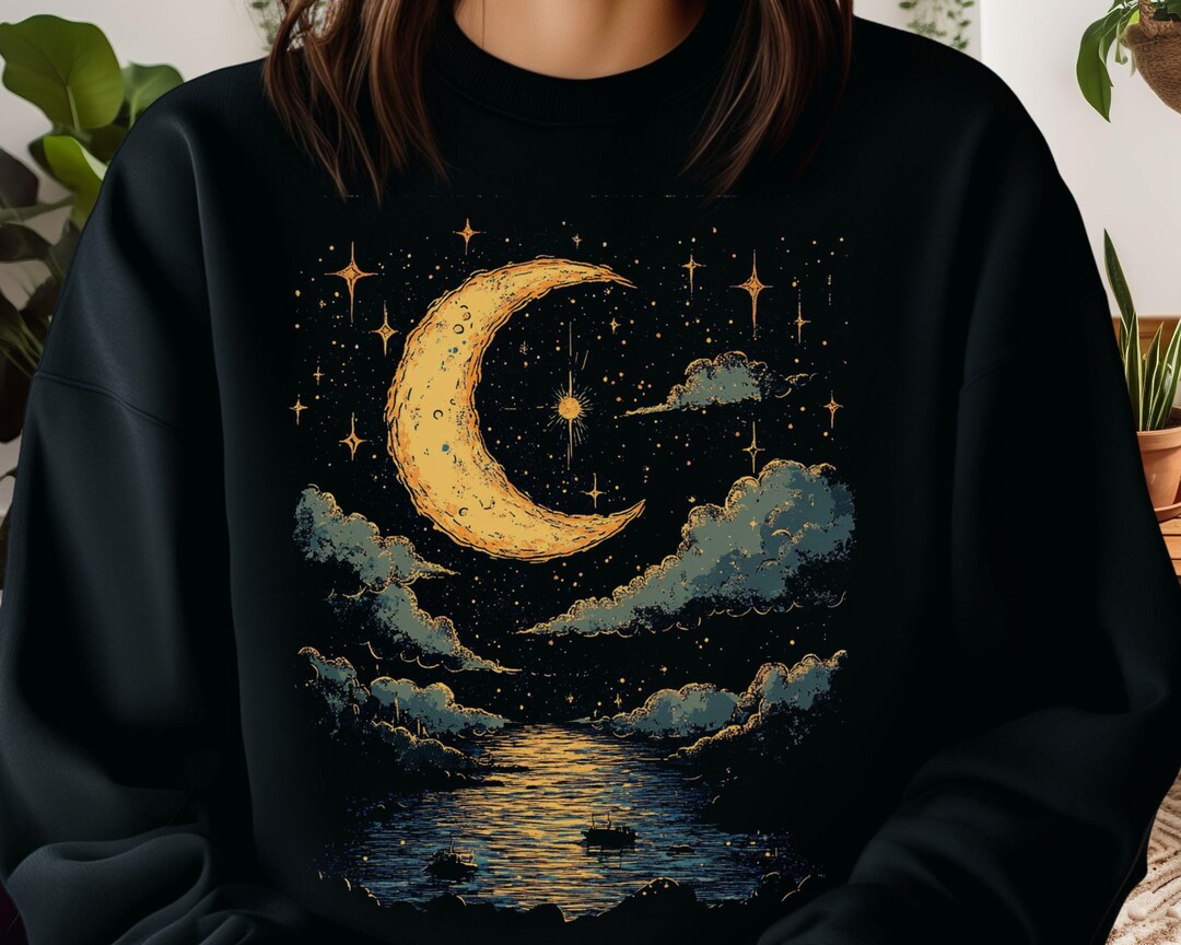 Crescent Moon and Stars Over Water With Boats Sweatshirt, Dark ...