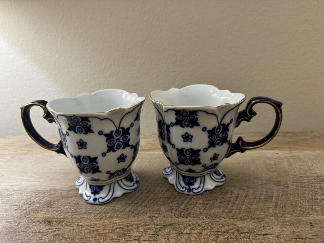 Vintage Bombay Co Blue Star Footed Cup Mug Set of 2 Gold Accents - Etsy