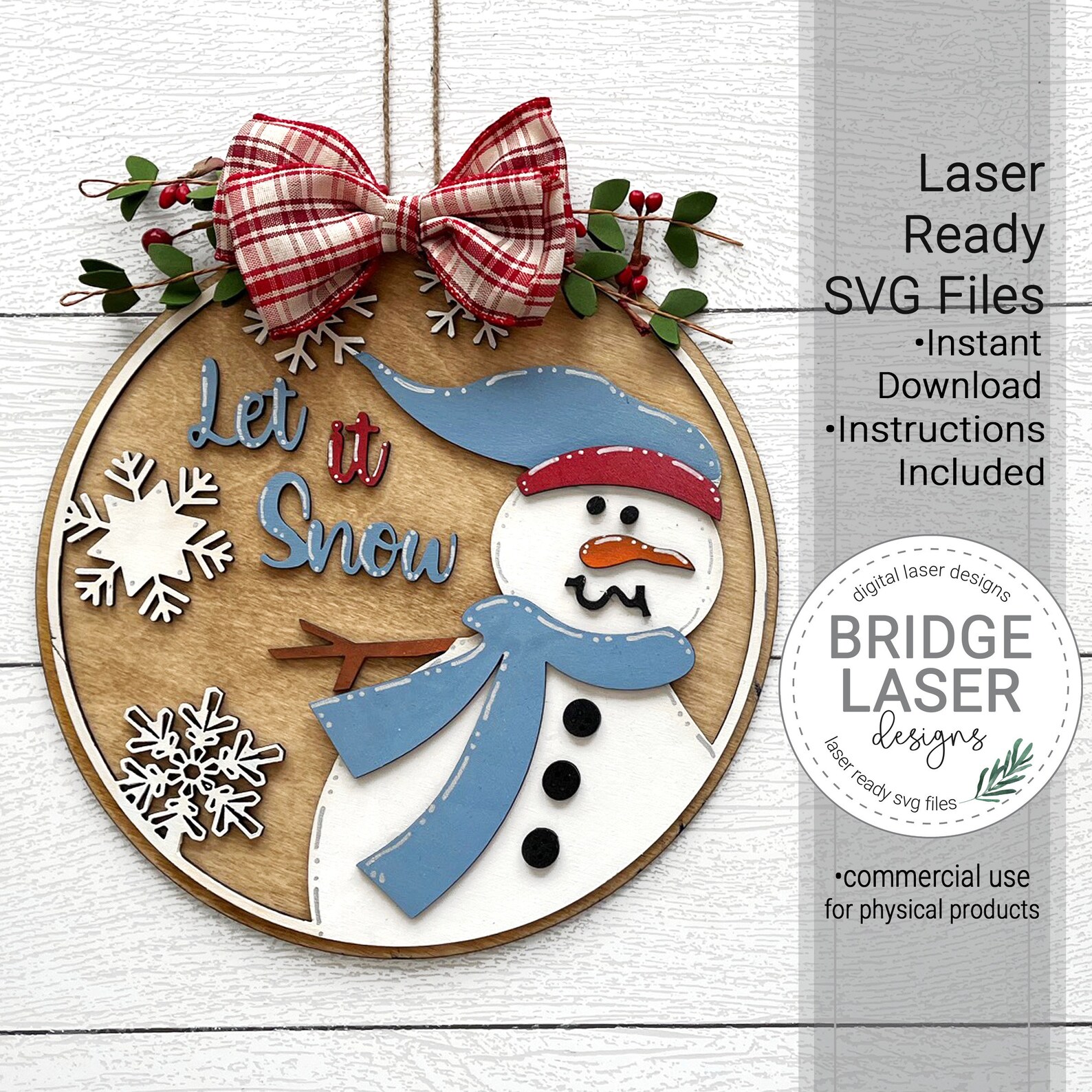 Let It Snow Door Hanger Laser Cut File Snowman Door Round - Etsy