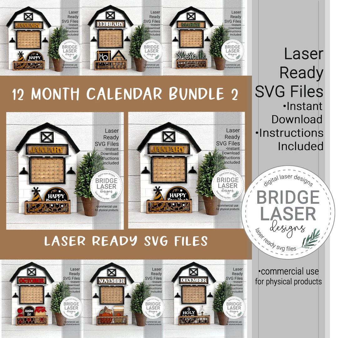 Calendar BUNDLE 2 Laser Cut Files, Interchangeable Laser SVG, Calendar ...