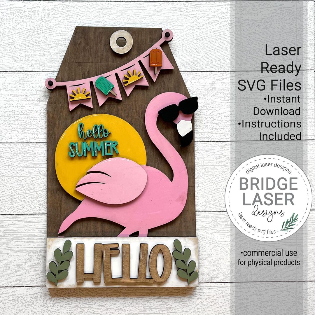 Summer Door Hanger Sign Laser Cut File, Flamingo Interchangeable Door Hanger SVG, Summer Porch ...