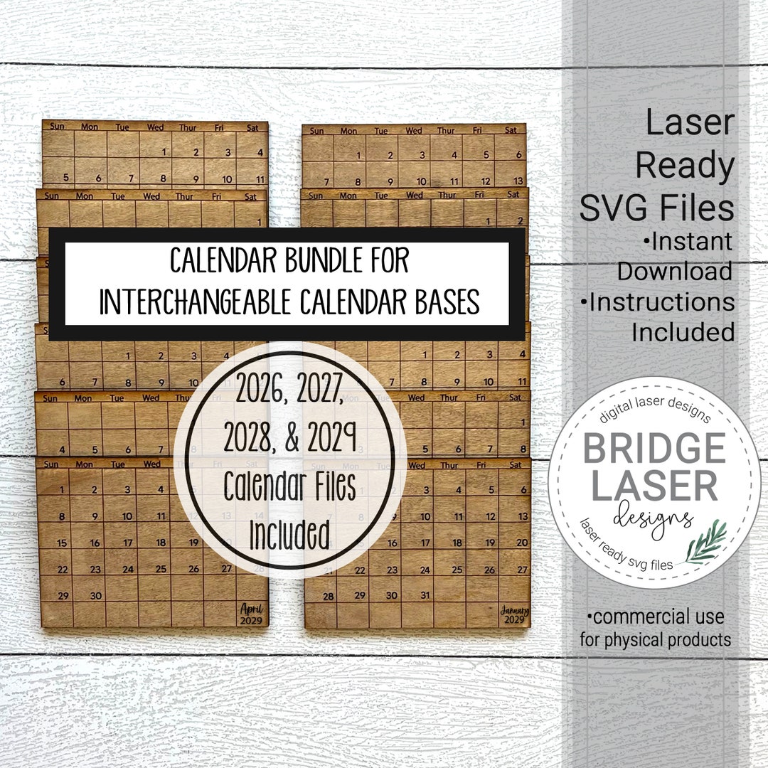 Calendar BUNDLE Laser Cut Files, Calendar Years 2026 2027 2028 2029 ...