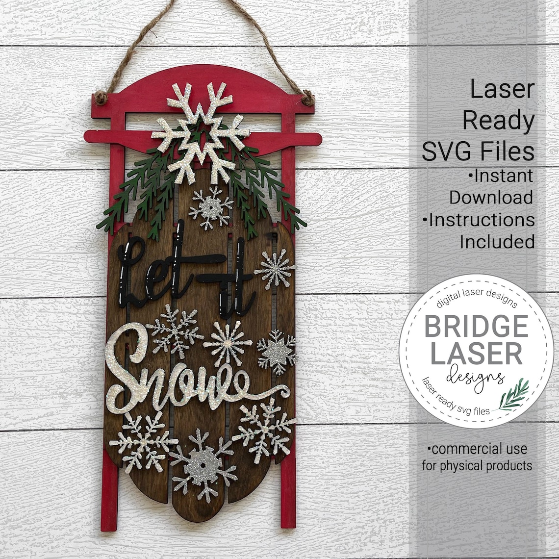 Sled Door Hanger Let It Snow Sled Door Decorations Laser - Etsy