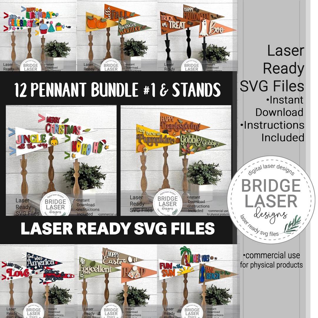 Pennant BUNDLE 1 Laser Cut Files, Interchangeable Laser SVG, Pennant ...