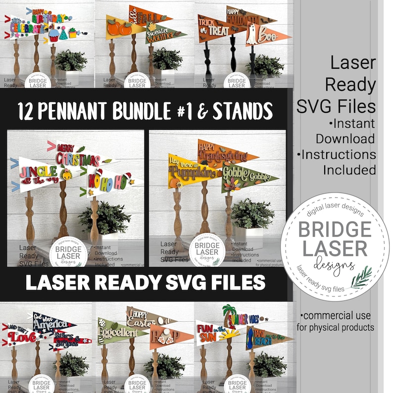 Pennant BUNDLE 1 Laser Cut Files, Interchangeable Laser SVG, Pennant ...