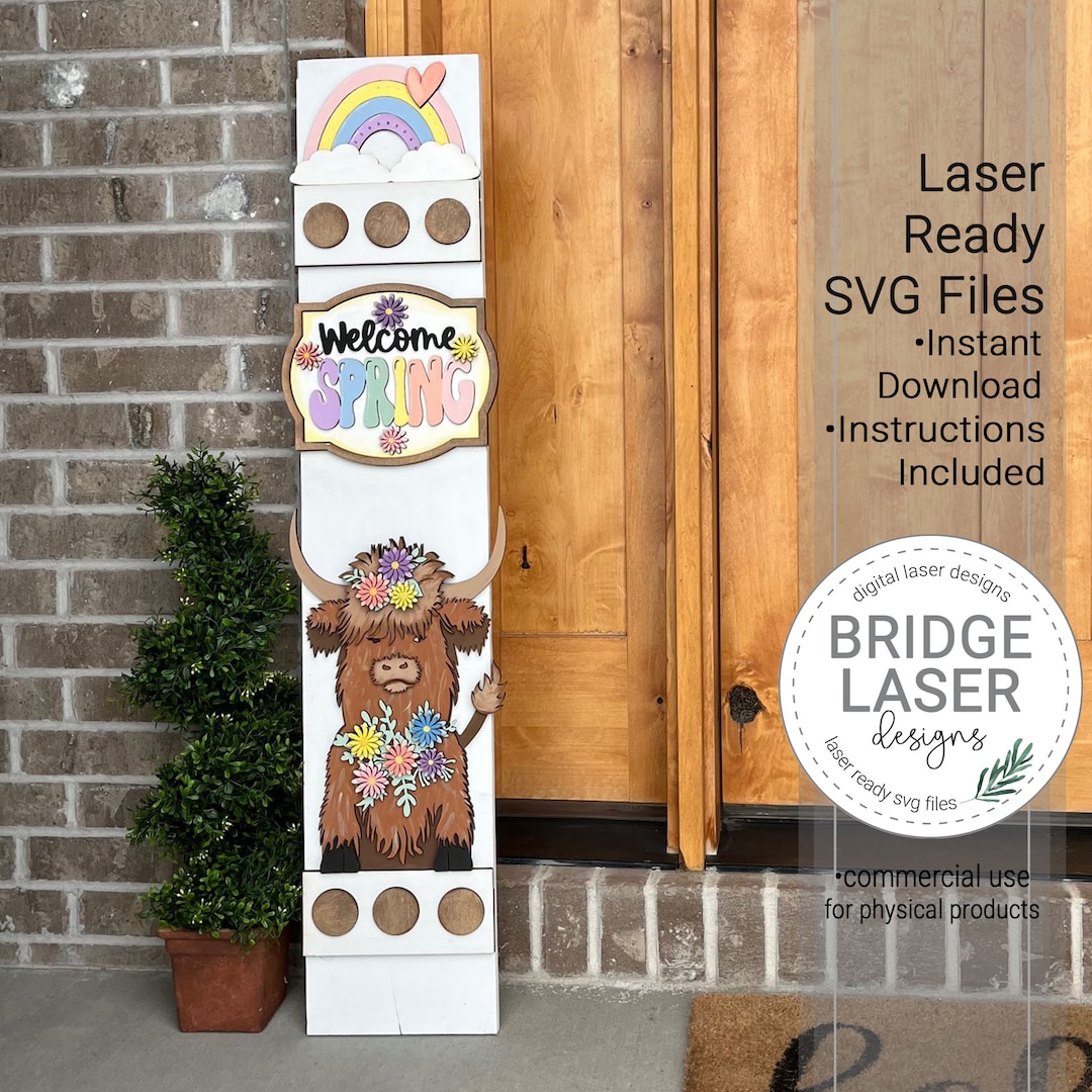 Spring Porch Leaner Sign Laser Cut File, Highland Cow Interchangeable ...