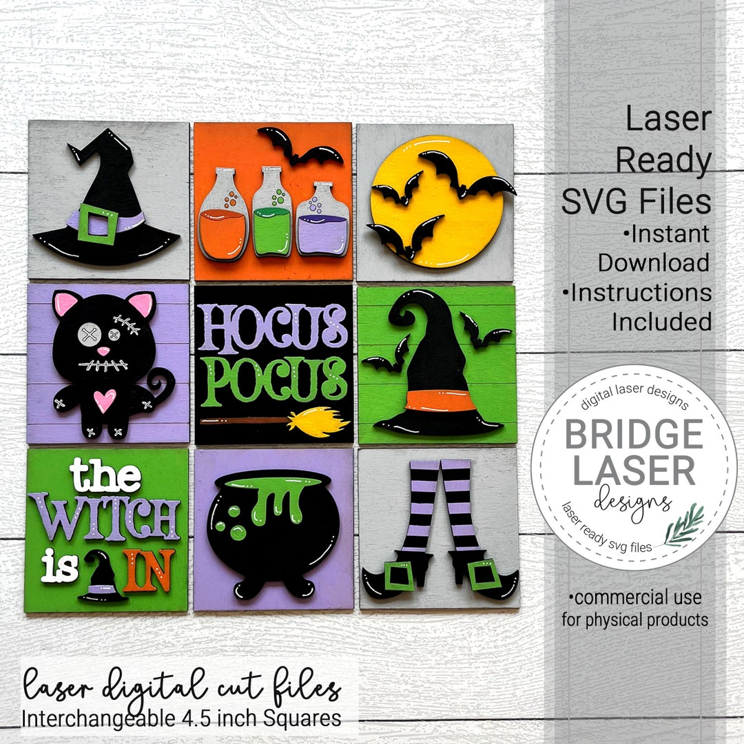 Halloween Laser Files, Halloween Squares Leaning Sign Bundle, Witch ...